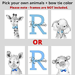 Personalized Safari Animals for Baby Boys Nursery Bedroom Unframed set of 3 Poster Prints, Personalized Name Blue Green Yellow Bow Tie Wall Art Decor New Baby Gift Present, Elephant Giraffe Lion Zebra (8x10)