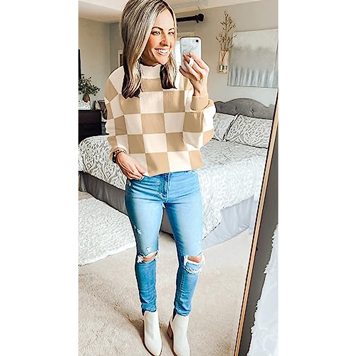 ZESICA Women's 2023 Fall Fashion Turtleneck Long Sleeve Striped Ribbed Knit Loose Pullover Sweater Tops,KhakiPlaid,Small