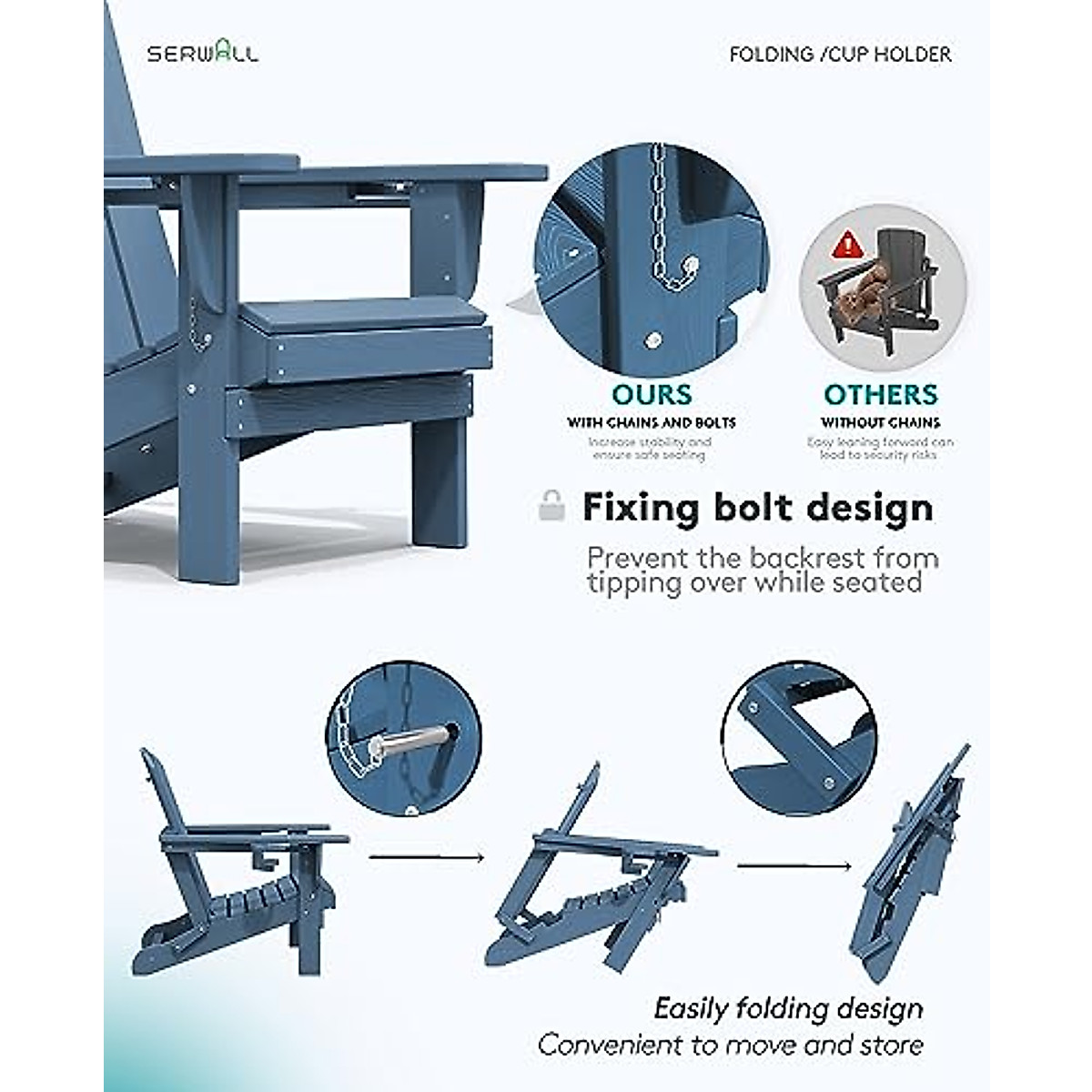 SERWALL Folding Adirondack Chair, HDPE Adirondack Chairs, Plastic Outdoor Chairs- Looks Exactly Like Real Wood- Navy