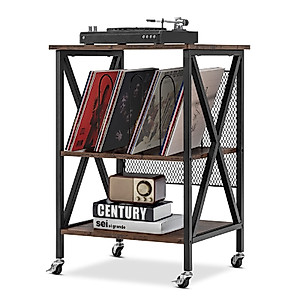 Giantex Record Player Stand, Vinyl Record Storage Table w/ 3 M-Shaped Dividers & 4 Rolling Wheels, Turntable Stand Holds Up to 250 Albums for Living Room, Office, Rustic Brown