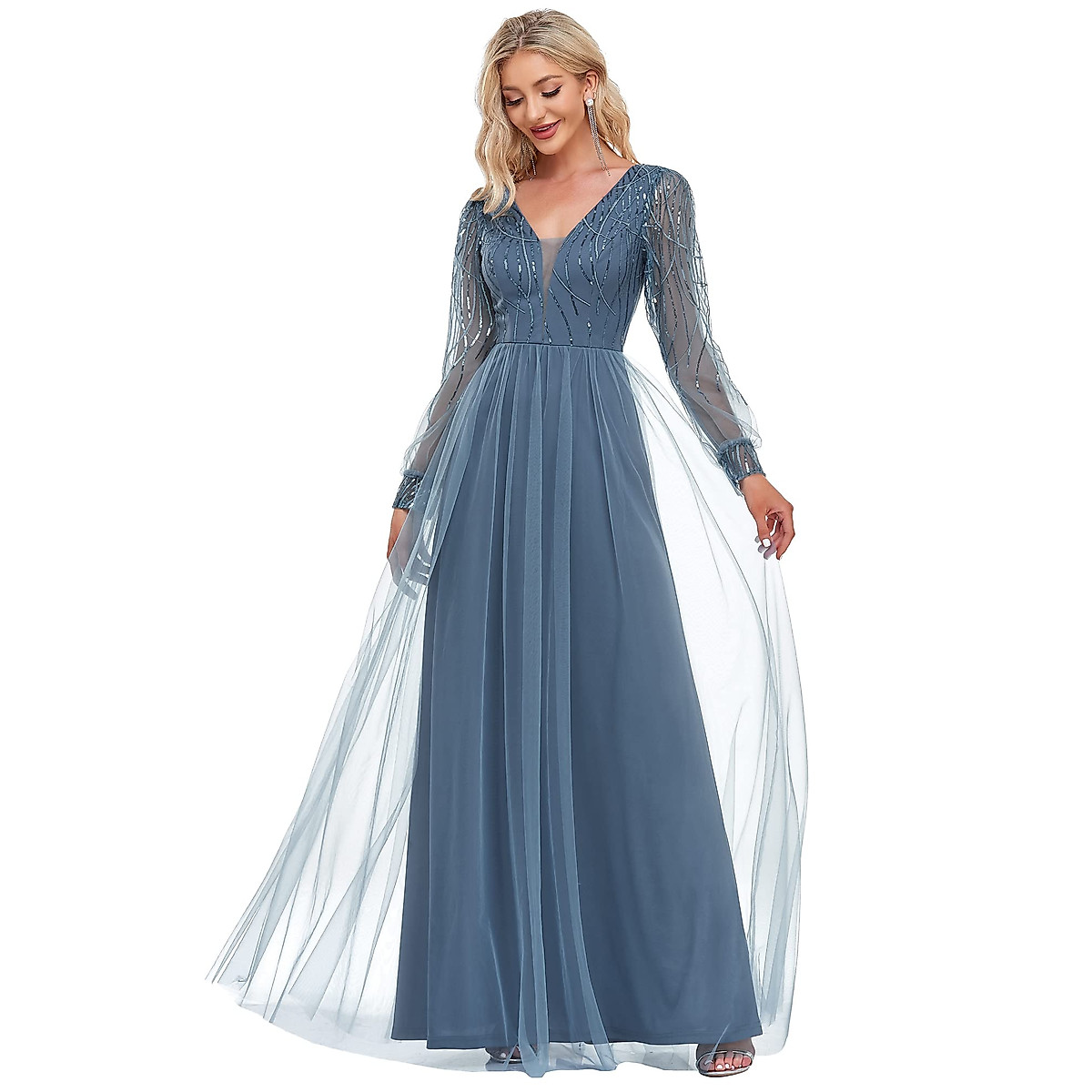 Ever-Pretty Women's Sparkle A-line Maxi Prom Gown Wedding Guest Dress Dark Blue US20