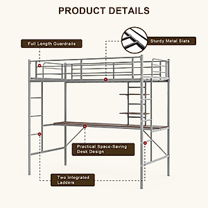 IKIFLY Twin Size Loft Bed with Desk & Storage Shelves, Metal Loft Bed Frame with 2 Built-in Ladders, Safety Guard Rail, Space-Saving Design, Noise Free, No Box Spring Needed - Silver Grey