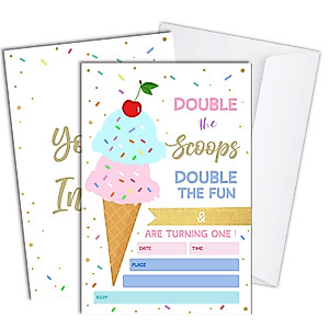 Ice Cream Birthday Party Invitations, Double the Scoops Double the Fun Twin Babies 1st Birthday Party Invitation, Summer Ice Cream Theme, Birthday Party Supplies, 20 Invitations with Envelopes - JY691