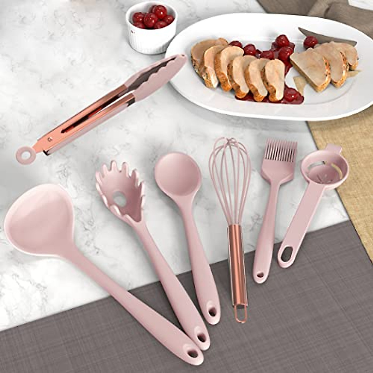 Silicone Cooking Utensils Set - 446°F Heat Resistant Kitchen Utensils,Turner Tongs,Spatula,Spoon,Brush,Whisk,Kitchen Utensil Gadgets Tools Set for Nonstick Cookware,Dishwasher Safe Pink (BPA Free)