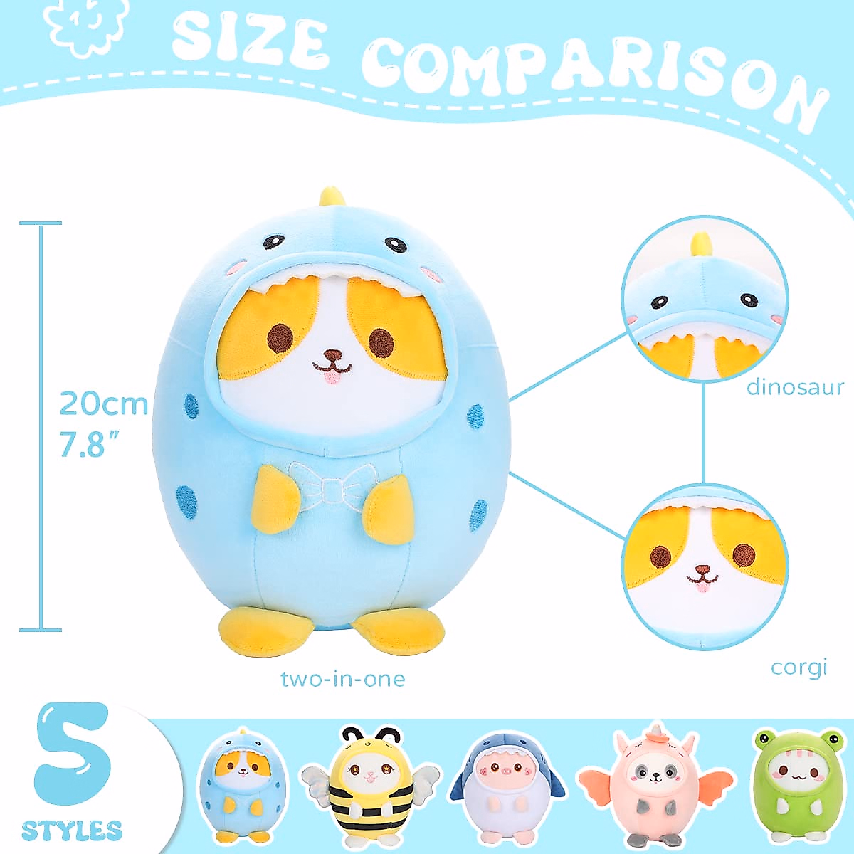 AIXINI Cute Corgi Dinosaur Plush Pillow 8" Shiba Inu Dino Stuffed Animal, Soft Kawaii Corgi Plushie with Blue Dinosaur Outfit Costume Gift for Kids