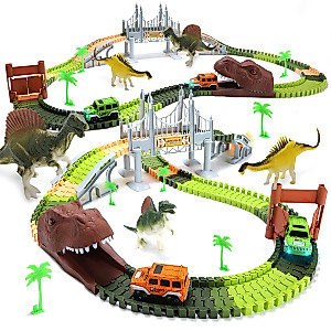 EagleStone 194 Pcs Dinosaur Race Car Tracks Set for Kids,Flexible Train Tracks to Create A Dino World Road with Bridge,2 Electric Cars with LED Light,Best Gift for Toddlers Boys and Girls