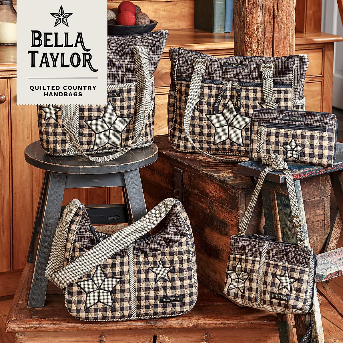 Bella Taylor Slim Card Wallet for Women | Multi Card Zip Around Wallet with RFID Protection | Quilted Cotton Farmhouse Star Black and Tan Cotton Check