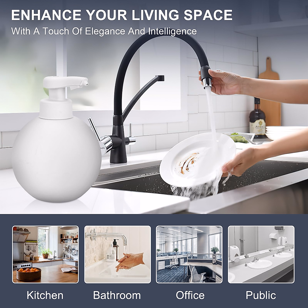 Phneems Automatic Soap Dispenser Foaming Touchless Auto Hands Free Foam Hand Soap Dispenser Rechargeable Electric Modern Smart Countertop Dish Soap Dispenser for Bathroom, Kitchen, Commercial White