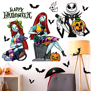 Mfault Happy Halloween Jack Skellington Wall Decals Stickers, Sally Jack O Lantern Pumpkin Decorations Bedroom Art, Funny Black Cat Bat Home Kitchen Living Room Decor
