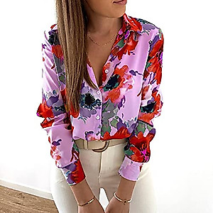 lcziwo Button Down Floral Printed Shirts for Women Casual Turn -Down Collar Blouse Shirt Long Sleeve V Neck Top Purple