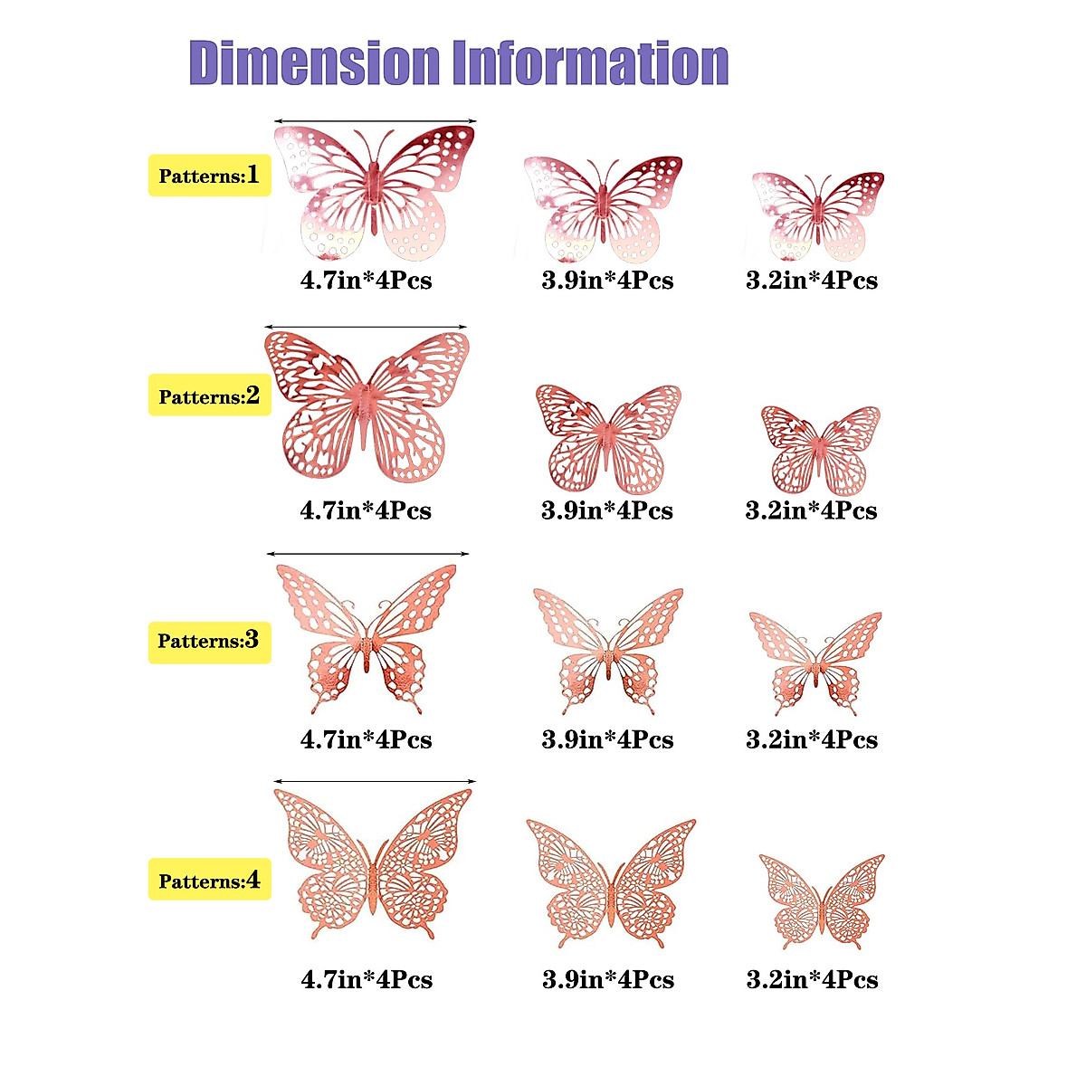 JOSDIOX 3D Butterfly Removable Metallic Wall Sticker 4 Styles 3 Sizes, Mural Decals for Kids Room Bedroom Décor Nursery Classroom Party Decoration Wedding DIY (Rose Gold 48 Pcs)