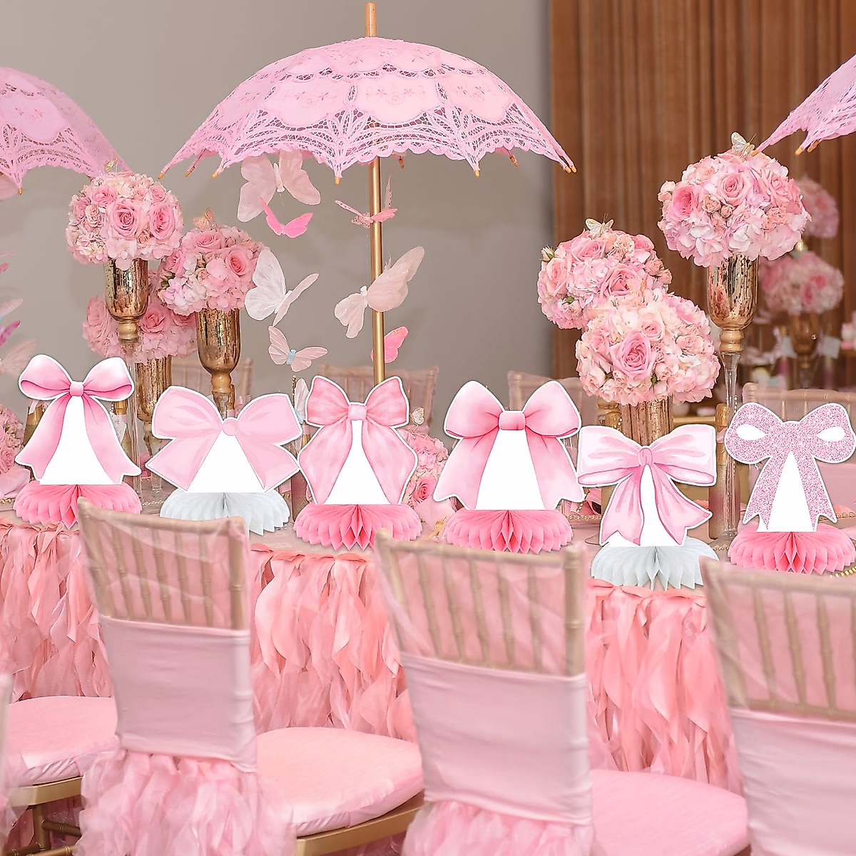 Pink Bow Party Honeycomb Centerpieces Decorations, 9Pcs Coquette Birthday Decorations, Pink Bow decorations for Birthday Bachelorette Bridal Party Decor