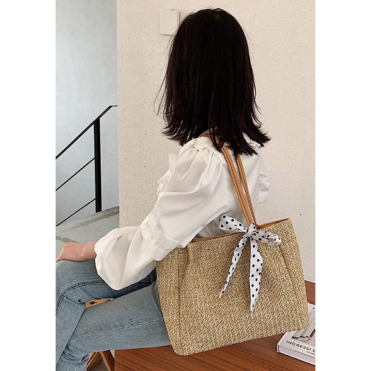 Obosoyo Straw Bags for Women Beach Bags Bowknot Shoulder Bags Straw Purse Summer Woven Bags
