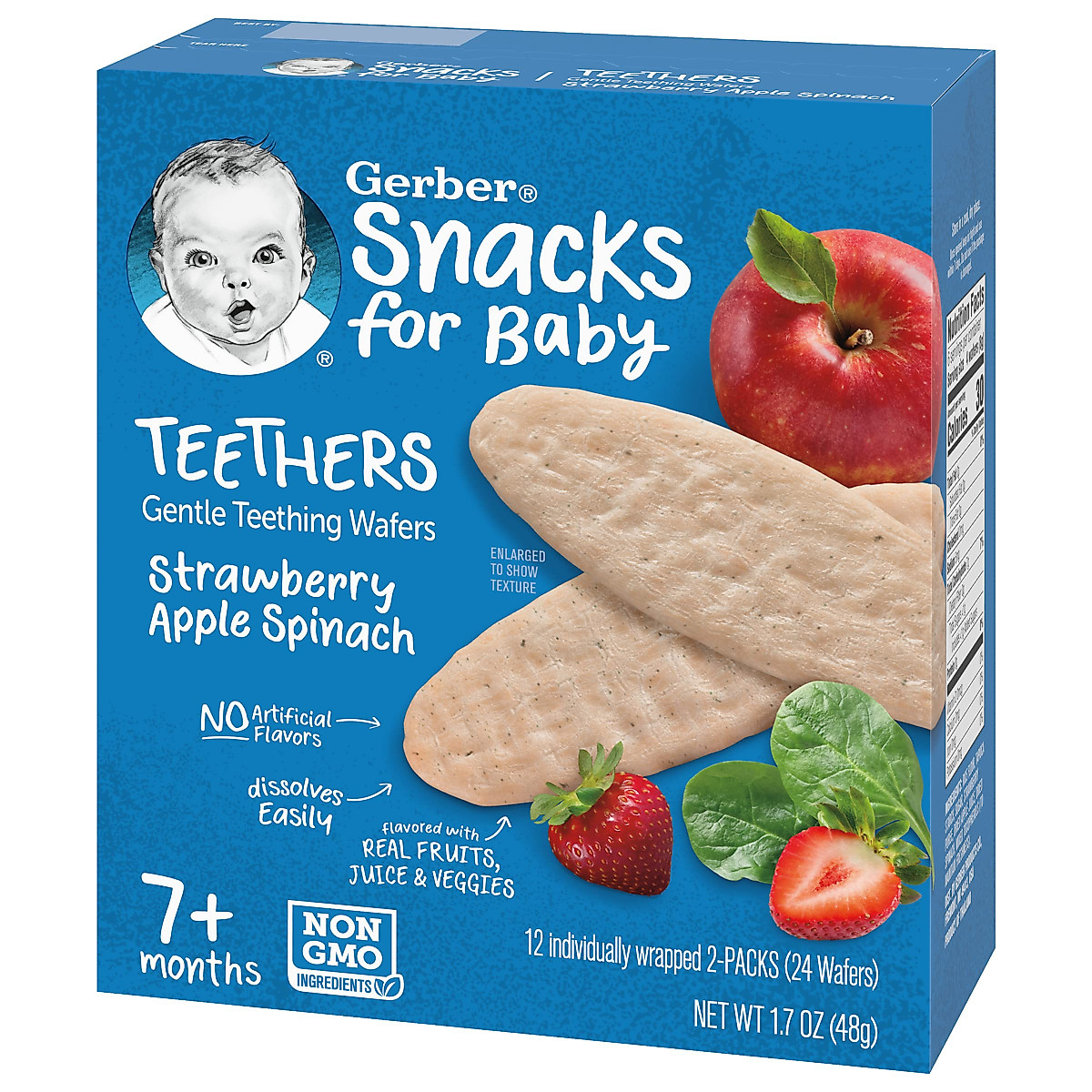 Gerber Snacks for Baby Teethers, Strawberry Apple Spinach, Gentle Teething Wafers, Non-GMO Ingredients, 12 Individually Wrapped 2-Packs/Box (Pack of 3 Boxes)