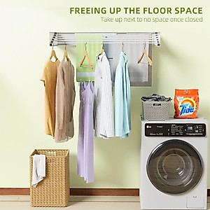 Laundry Drying Rack Collapsible, Wall Mounted, Clothes Drying Rack, 31.5" Wide, 13.2 Linear Ft, 5 Aluminum Rods, 60 lb Capacity, Laundry Racks for Drying Clothes with Wall Template(White 31.5" Medium)