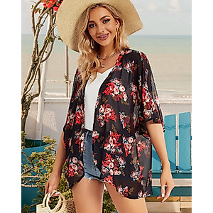 Women's Floral Print Puff Sleeve Kimono Cardigan Loose Cover Up Casual Blouse Tops(BLACK S)