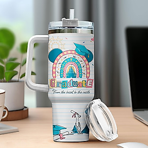 99WHALE Graduation Castle Adventure, Tumbler 40 Oz With Handle Lid And Straw, Graduation Gifts, Tumblers Rainbow Gold Senior White Class Handle Of Purple Royal Teal Blue Heart
