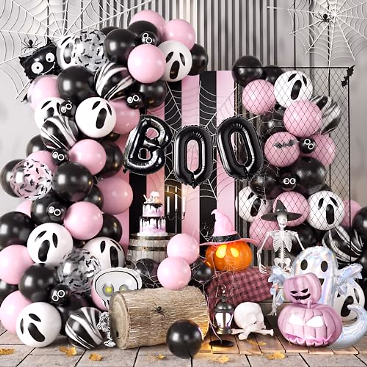 Halloween Balloon Garland Kit, GREMAG Halloween Decorations with Black Macaron Pink Agate Black Eyes Ghost Balloon, BOO Bat Skull Ghost Aluminum Film Balloon, 88 Pcs Set Halloween Party Favors for Kid