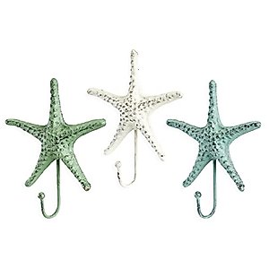Giftcraft Set of 3 Starfish Shaped Decorative Hooks, Rack for Towels, Jackets, Hats, Metal Coat Hooks Made with Heavy Duty Cast Iron, Wall Mounted Coat Hanger, Unique Ocean Themed Home Decor