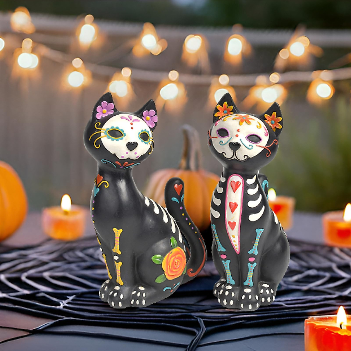Newman House Studio Sugar-Skull Halloween-Decorations - Day-of Dead-Figurines Floral Cats Couple-Decor Dia de Los Muertos Black Kitten Collectibles Set of 2, 6.3L x 4.0W x 10.2H inch