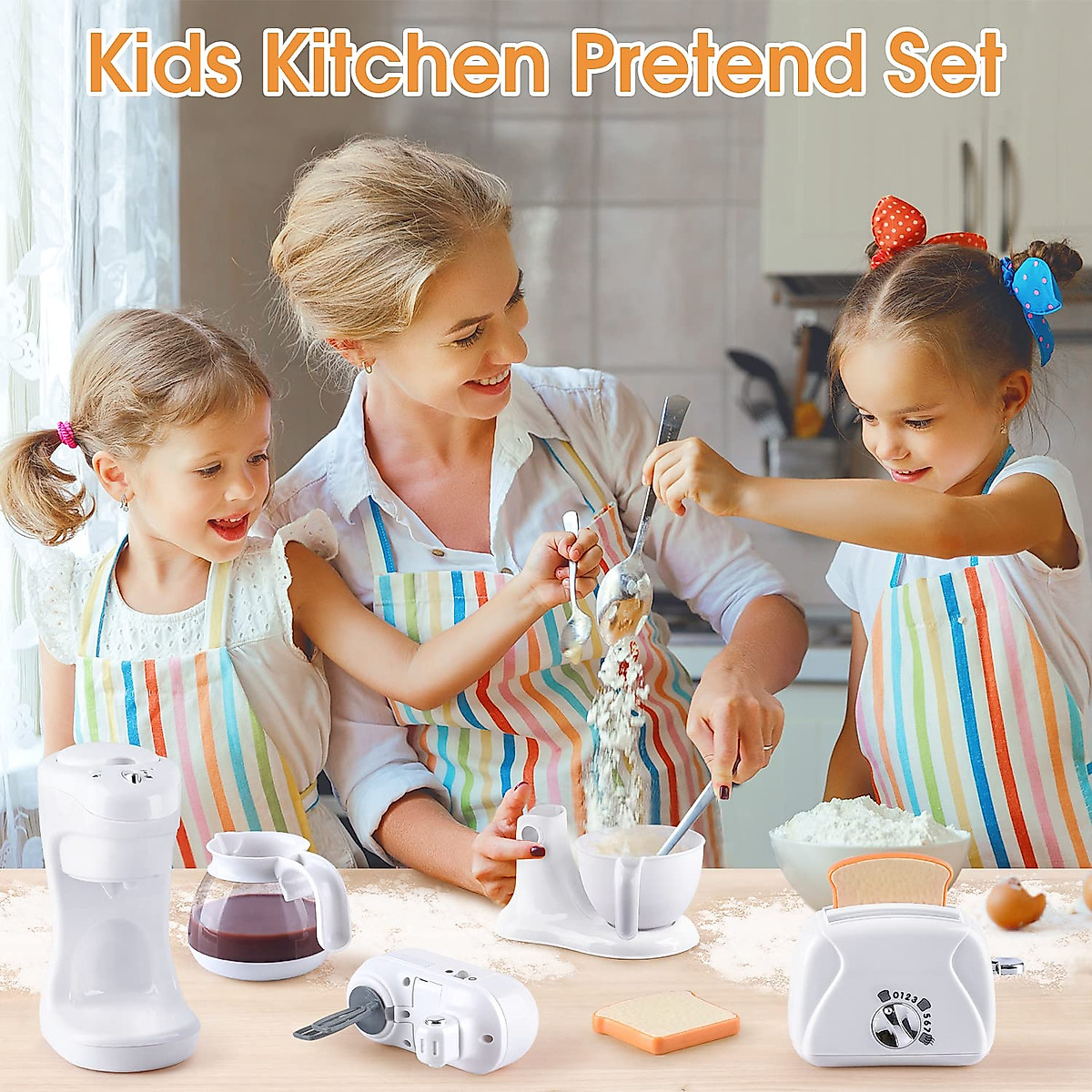Kitchen Appliances Toys, Kids Play Kitchen Accessories Set,Pretend Kitchen Toys for Kids Ages 4-8,Coffee Maker,Mixer,Toaster That Works, for Girls Ages 3+