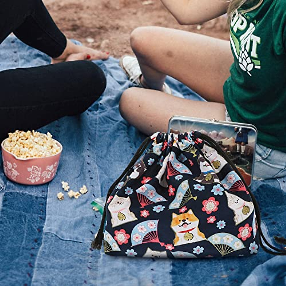 Healeved 2Pcs Japanese Style Lunch Bag Drawstring Lunch Bag Reusable Bento Box Bag Lunch Box Bag