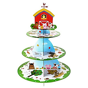 3 Tier Farm Animals Cupcake Stand Holder Farm Theme Birthday Party Supplies Spring Cupcake Tower Cardboard Display Decorations Rustic Dessert Cake Stand for Boy Girl Kids Baby Shower