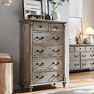 T4TREAM Farmhouse 6 Drawers Dresser Chests for Bedroom w/4 Solid Wood Feet & Column Decor, Tall Wood Country Rustic Chest of Drawers, Storage Dressers for Bedroom, Living Room, Light Rustic Oak