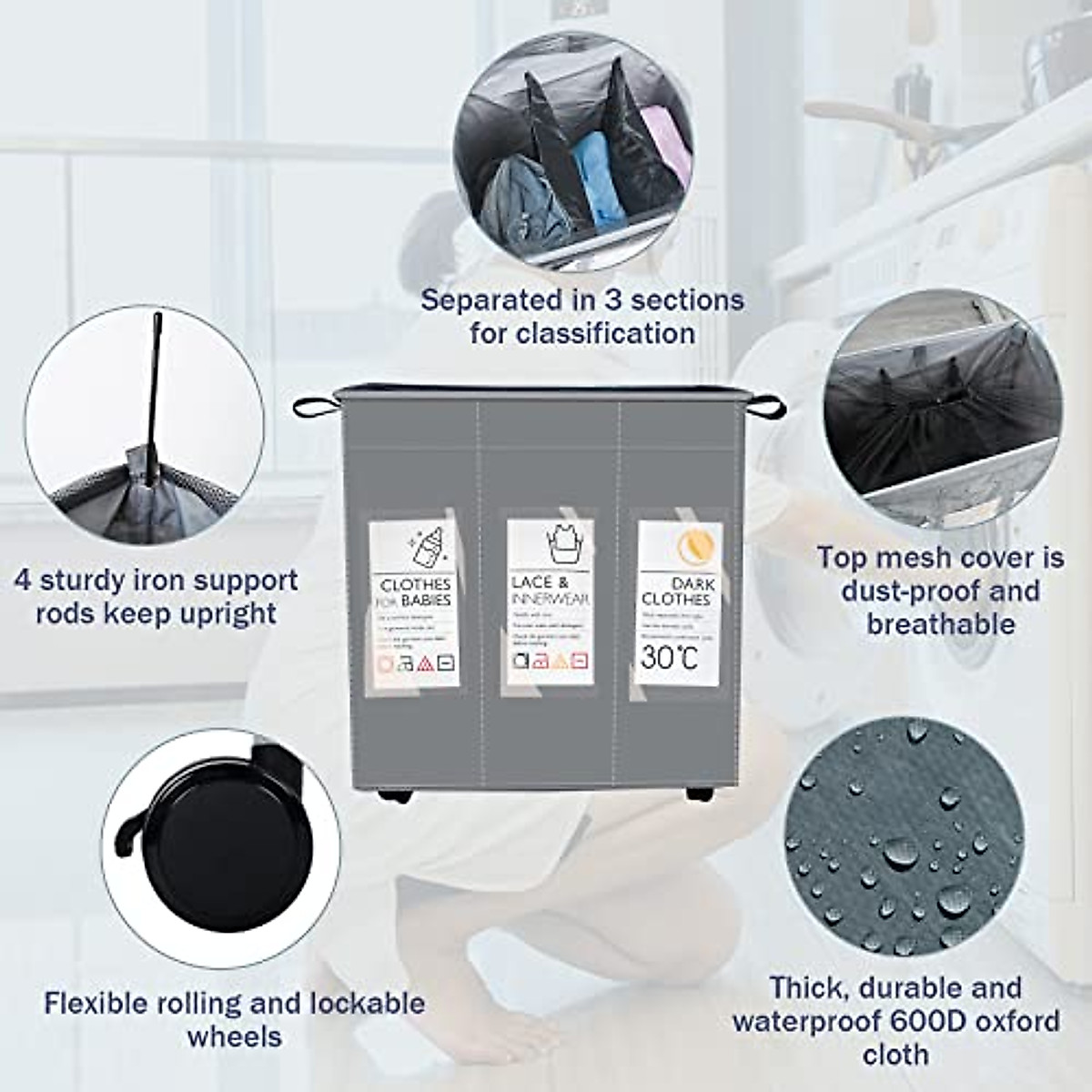 DEDU 120L Laundry Sorter 3 Section Heavy Duty, Extra Large Slim Laundry Hamper Rolling, Collapsible Laundry Basket with Wheels and 2 Leather Handles (Dark Gray)