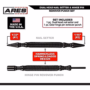 ARES 10012 – 2-Piece Dual Head Nail Setter & Hinge Pin Remover Punch Set – Nail Setter Features 1/32-Inch (#1) and 1/16-Inch (#2) Dual Head Design – CNC-Precision Machined - 5000 PSI Striking Force