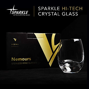 VC VEENU CRYSTAL Tumbler Glasses Set Of 2, Stemless Drinking Elegant Drinkware Glasses Set with Modern Lines, Dishwasher Safe, 100% Lead-Free Glass (16.9 Oz)