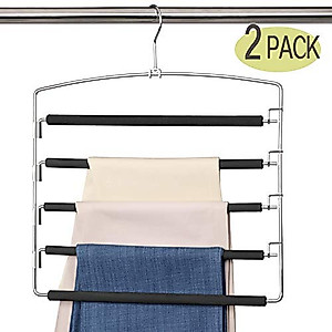 Meetu Pants Hangers 5 Layers Stainless Steel Non-Slip Foam Padded Swing Arm Space Saving Clothes Slack Hangers Closet Storage Organizer for Pants Jeans Trousers Skirts Scarf Ties Towels (2 Pack)