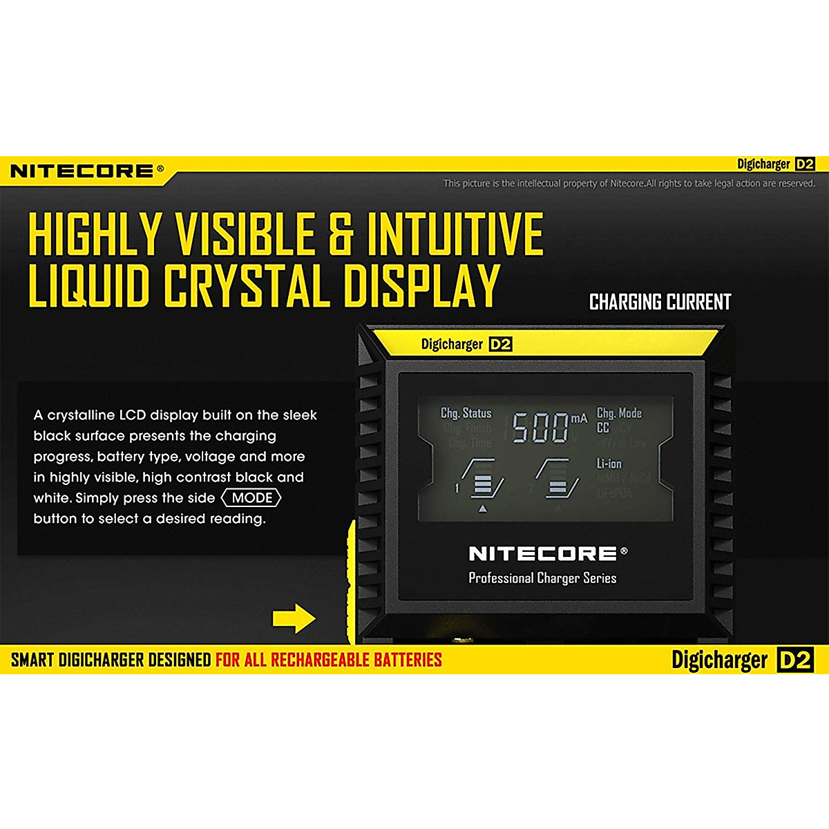 Nitecore D2 Charger with LCD Display Universal Smart Charger For Rechargeable Batteries IMR/Li-ion/LiFePO4/Ni-MH/Ni-Cd