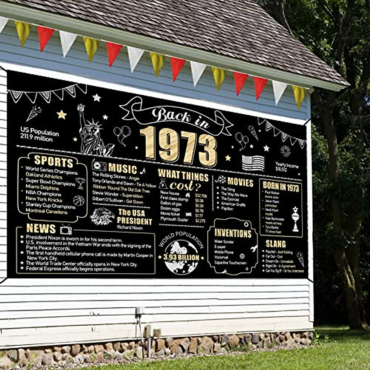 Large 50th Birthday Banner Backdrop Decorations for Men Women, Black Gold Back in 1973 50 Birthday Sign Party Supplies, Happy 50 Year Old Bday Background Decor for Outdoor Indoor