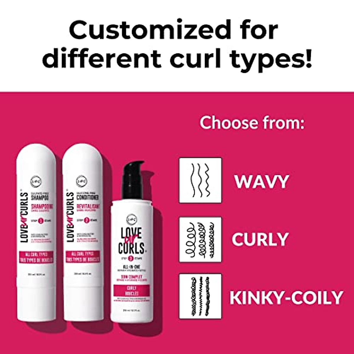 LUS Brands Love Ur Curls for Curly Hair, 3-Step System - Shampoo and Conditioner Set with All-in-One Styler - LUS Curls Hair Products - No Crunch, Nonsticky, Clean - 8.5oz each