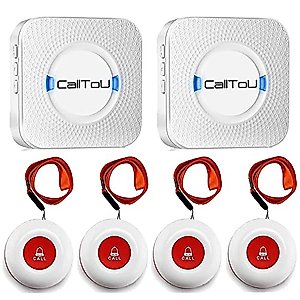 CallToU Wireless Caregiver Pager Smart Call System 4 SOS Call Buttons/Transmitters 2 Receivers Nurse Calling Alert Patient Help System for Home/Personal Attention Pager 500+Feet Plugin Receiver
