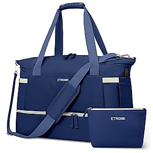 ETRONIK Gym Bag for Women, Travel Duffel Bag with USB Charging Port, Weekender Overnight Bag with Wet Pocket and Shoes Compartment for Women, Travel, Gym, Yoga (Dark Blue)
