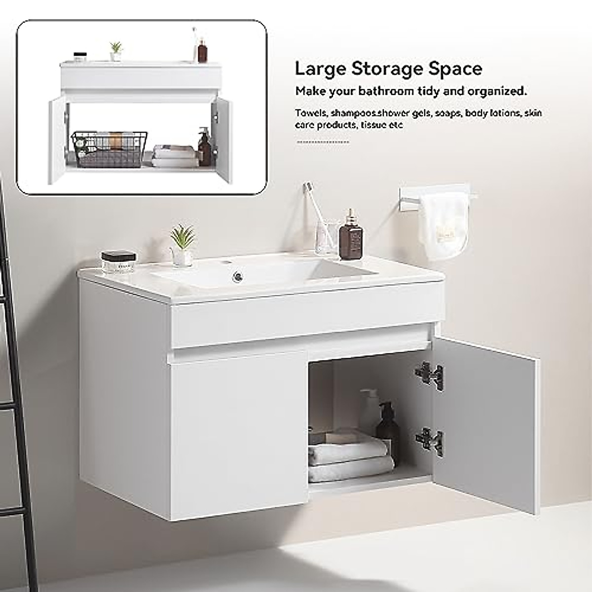 NOTOP 24" Floating Bathroom Vanity with White Ceramic Sink Comb, Modern Undermount Solid Wood Two Soft Close Doors Wall-Mounted Cabinet Set for Small Space Saver Organizer, 24IN
