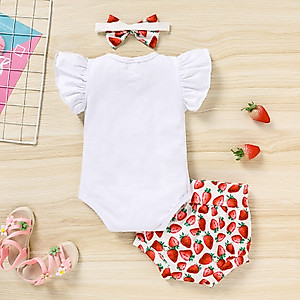 Viworld Baby Girl 1st Birthday Outfits Ruffle Sleeve Romper+Strawberry Bottoms Diaper Shorts+Headband Cake Smash Clothes Set,(White Strawberry,12-18M)
