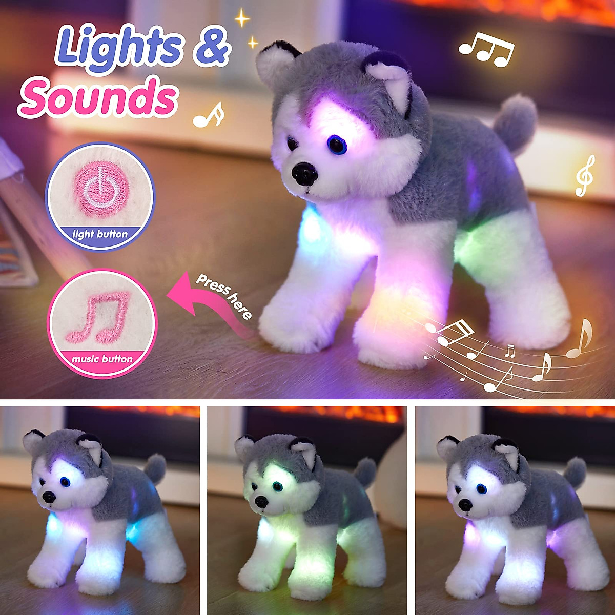 BSTAOFY 12’’ Musical Light up Husky Puppy Stuffed Animal Realistic LED Singing Dog Soft Plush Toy with Night Lights Glow in The Dark Birthday Valentines Christmas for Toddler Kids