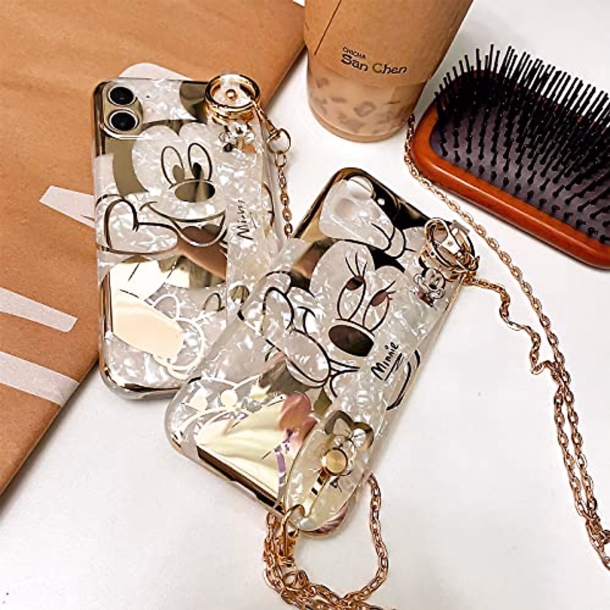 Hosiss Cartoon Case for iPhone 14 Pro Max 6.7" with HD Screen Protector, Minnie Mouse with Wrist Strap Kickstand Metal Chain Strap Soft TPU Shockproof Protective for Girls Women