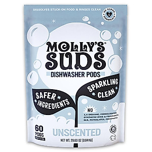 Molly's Suds Dishwasher Pods | Clean Dishwasher Detergent, Cuts Grease & Rinses Clean (Residue-Free) for Sparkling Dishes | 60 Auto-Release Tabs (Unscented)