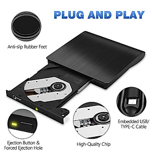 Gotega External DVD Drive USB 3.0 Type C USB C Portable CD/DVD +/-RW Disk Drive External DVD Player for Laptop CD/DVD ROM Burner Reader Compatible with Desktop PC Windows Linux OS Apple Mac