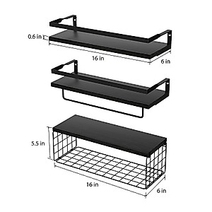 Floating Shelves with Storage Basket, Over Toilet Paper Holder Storage Shelves, Wall Mounted Rustic Wood Shelves for Bathroom, Bedroom, Living Room, Kitchen(Black, Set of 3)