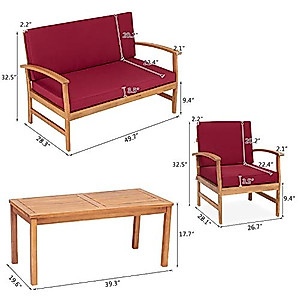 Kinsuite 4Pcs Outdoor Conversation Acacia Wood Sofa Set with Cushions Coffee Table, Patio Furniture Chairs for Garden Backyard Poolside Pool Claret Red