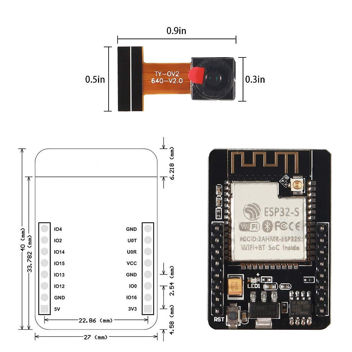 Aokin ESP32-CAM Camera Module, ESP32 Development Board WiFi and Bluetooth with OV2640 2MP Camera for Arduino, 1 Pcs
