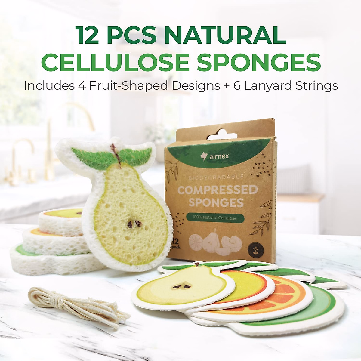 Biodegradable Cellulose Compressed Sponges Bulk - Fruit Shaped Natural Kitchen Sponges Pack of 12 - Eco Friendly Compostable Dish Sponges for Washing Dishes - Odor Free Pop Up Non Scratch Sponges