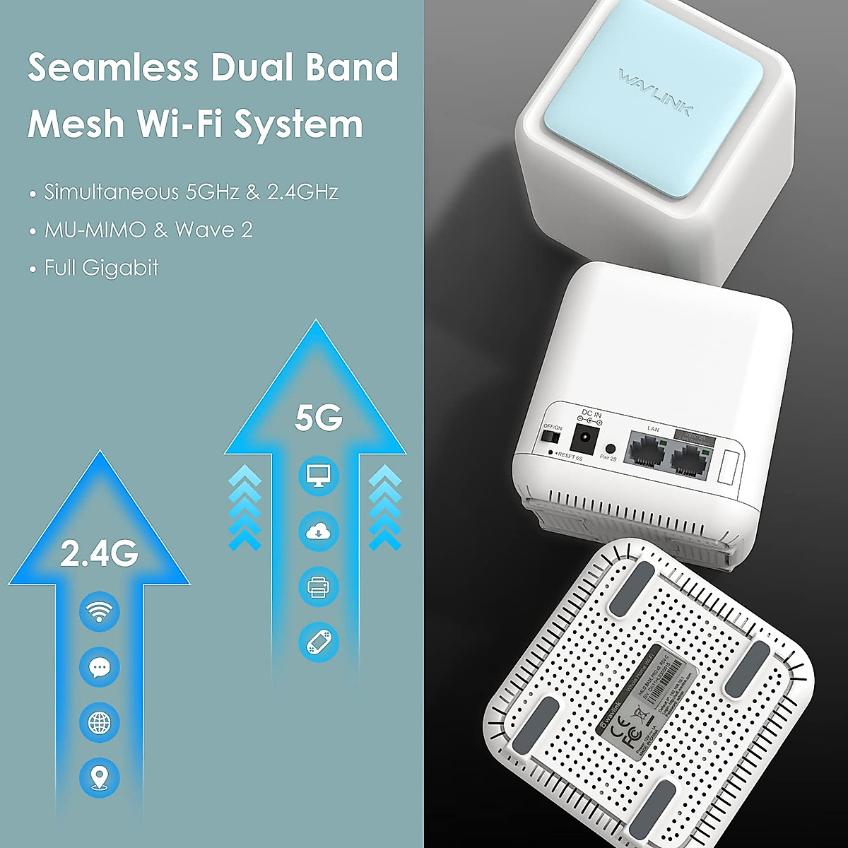 WAVLINK Mesh WiFi System Up to 3,000-4,000 sq. ft. Whole Home Coverage WiFi Router/Extender Replacement, Dual-Band 2.4GHz+5Ghz, 4 x Internal Antennas, Support Touch Link Function, 3-Pack