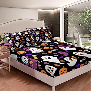 Feelyou Kids Cartoon Halloween Fitted Sheet Cute Ghost Pumpkin Sheets Set for Child Boys Girls Black Purple Queen Size Bedding Set Decoration Kawaii Bed Sheet Set Collection