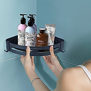Adhesive Bathroom Shower Corner Shelf Wall Mounted,Shower Caddy Organizer with Removable Hooks, Aluminum Storage Shelves for Bathroom and Kitchen (Black triangle double basket)